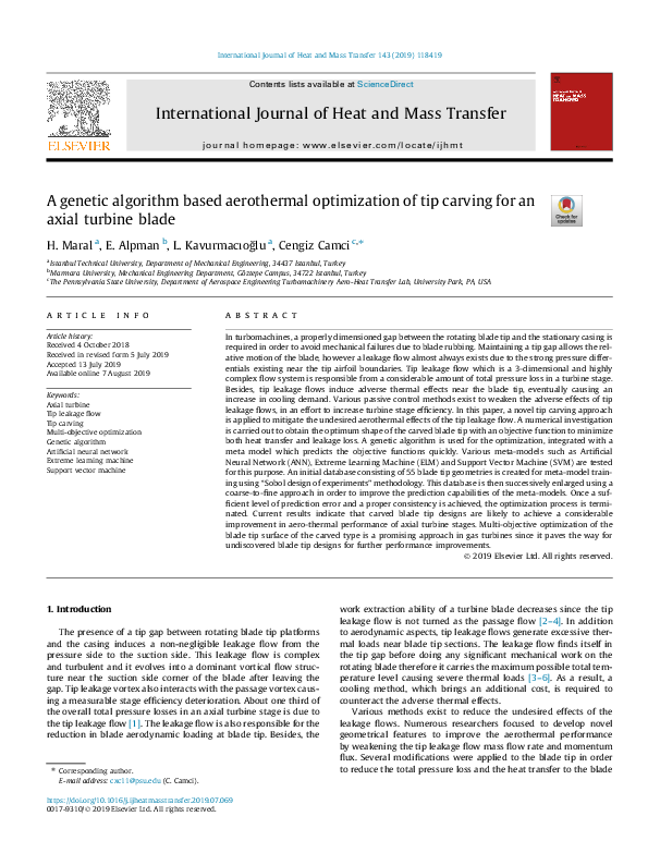 Pdf A Genetic Algorithm Based Aerothermal Optimization Of Tip Carving For An Axial Turbine