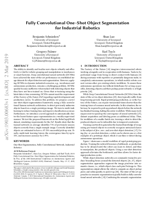 Pdf Fully Convolutional One Shot Object Segmentation For Industrial Robotics Shan Luo