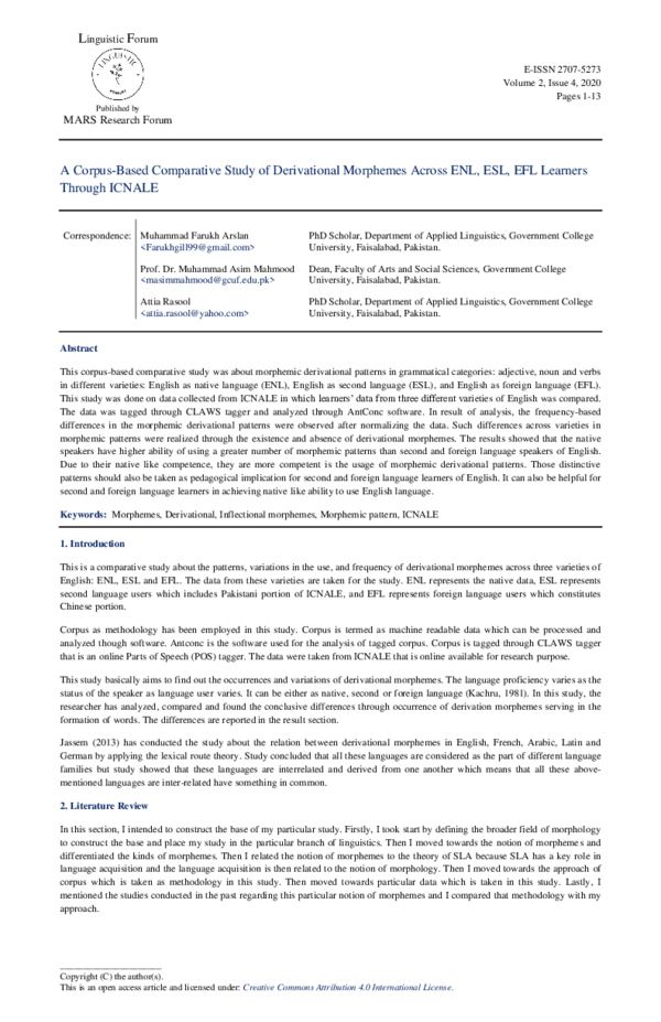 (PDF) A Corpus-Based Comparative Study of Derivational Morphemes Across ENL, ESL, EFL Learners ...