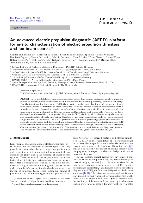 (PDF) An advanced electric propulsion diagnostic (AEPD) platform for in-situ characterization of ...