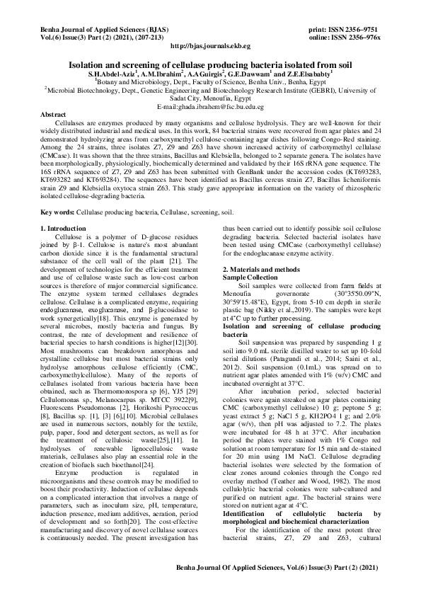 Isolation and screening of cellulase producing bacteria isolated from soil