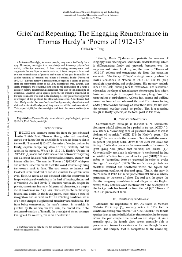 (PDF) Grief And Repenting: The Engaging Remembrance In Thomas Hardy'S ...