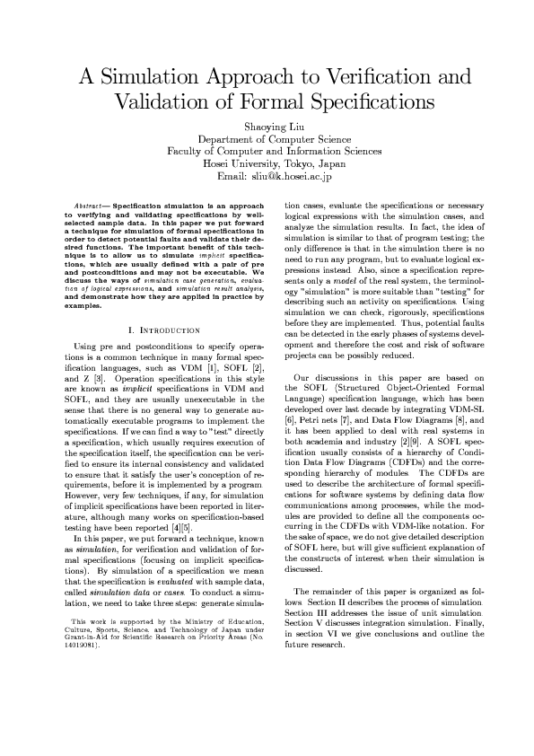 (PDF) A simulation approach to verification and validation of formal specifications