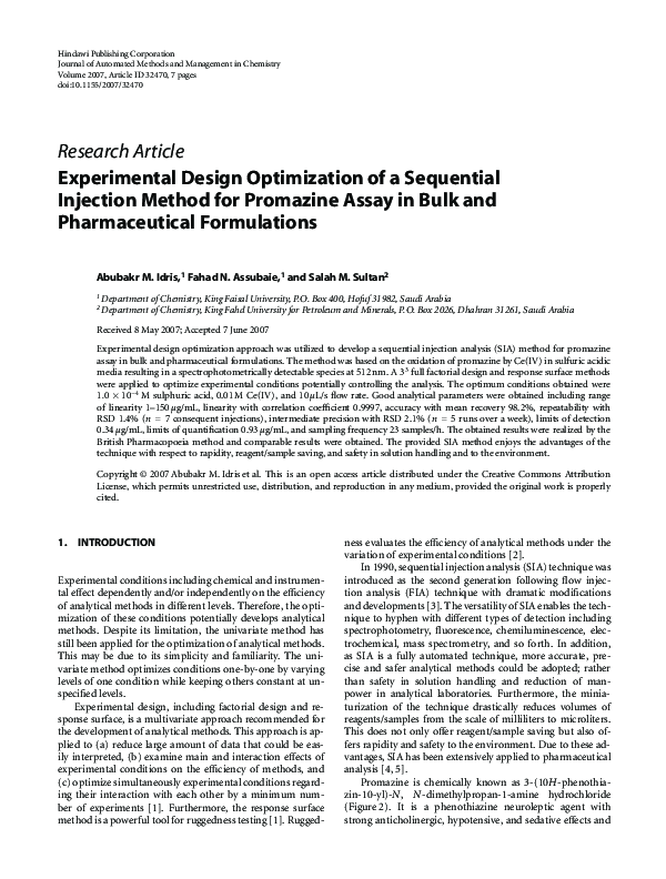 Pdf Experimental Design Optimization Of A Sequential Injection Method