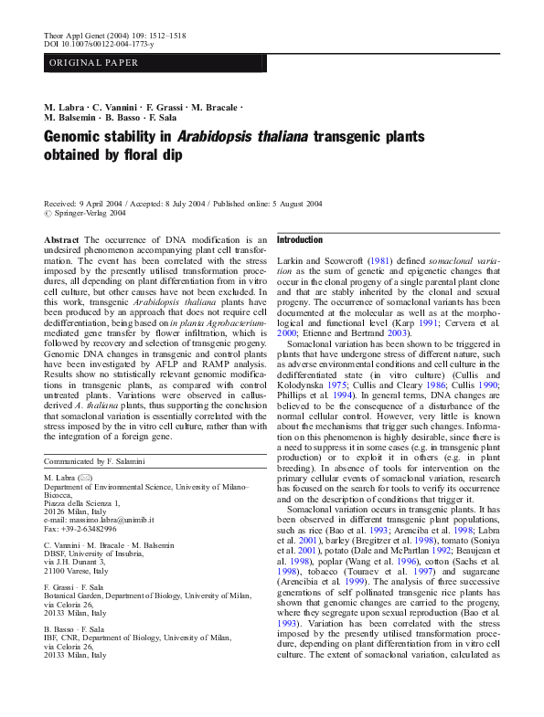 (PDF) Genomic stability in Arabidopsis thaliana transgenic plants ...