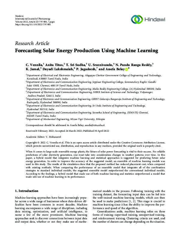 (PDF) Forecasting Solar Energy Production Using Machine Learning