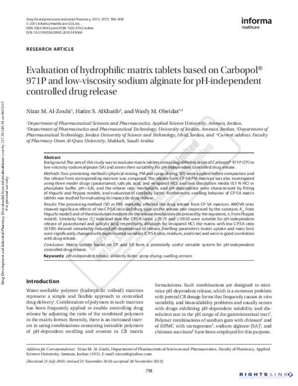 Pdf Evaluation Of Hydrophilic Matrix Tablets Based On Carbopol®971p And Low Viscosity Sodium
