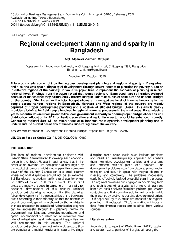(PDF) Regional development planning and disparity in Bangladesh