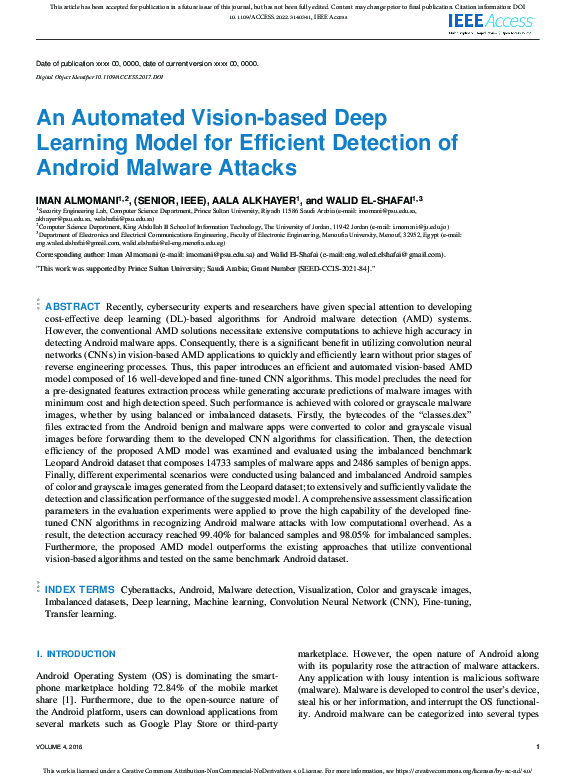 Pdf An Automated Vision Based Deep Learning Model For Efficient Detection Of Android Malware 