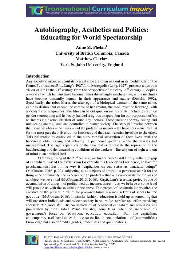 (PDF) Autobiography, Aesthetics and Politics