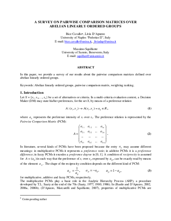 (PDF) A Survey on Pairwise Comparison Matrices Over Abelian Linearly Ordered Groups