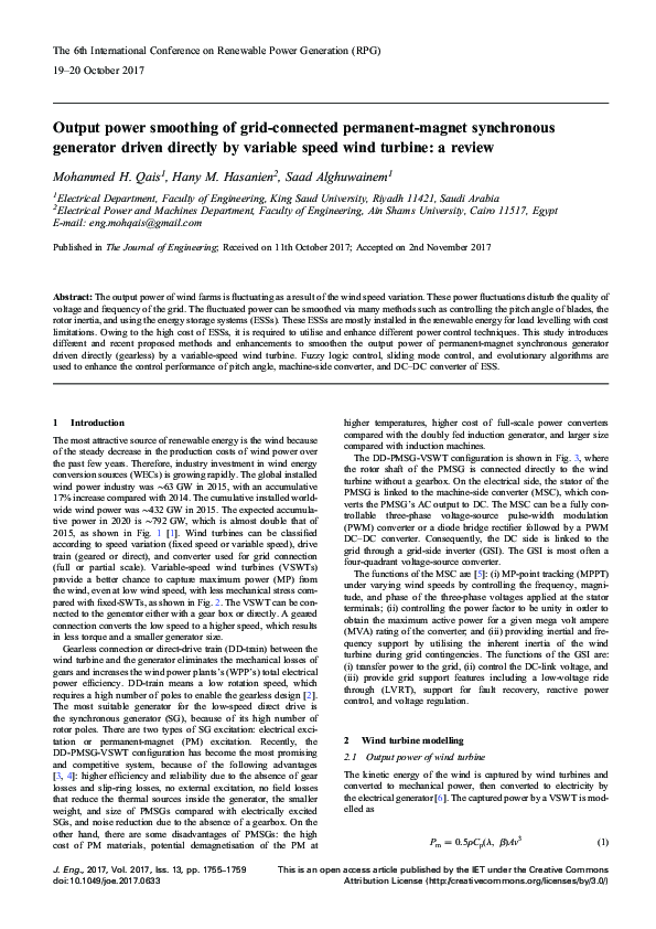 Pdf Output Power Smoothing Of Grid Connected Permanent Magnet Synchronous Generator Driven