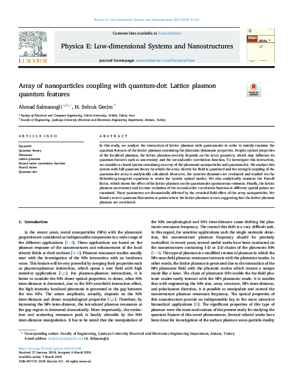 Pdf Array Of Nanoparticles Coupling With Quantum Dot Lattice Plasmon