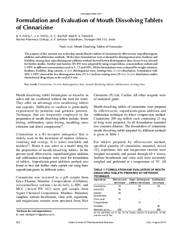 Pdf Formulation And Evaluation Of Mouth Dissolving Tablets Of Cinnarizine