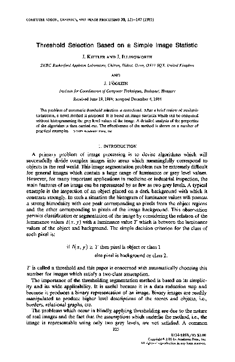 (PDF) Threshold selection based on a simple image statistic