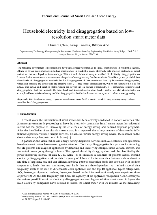 Pdf Household Electricity Load Disaggregation Based On Low Resolution Smart Meter Data 