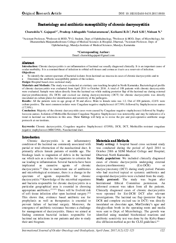 (PDF) Bacteriology and antibiotic susceptibility of chronic dacryocystitis