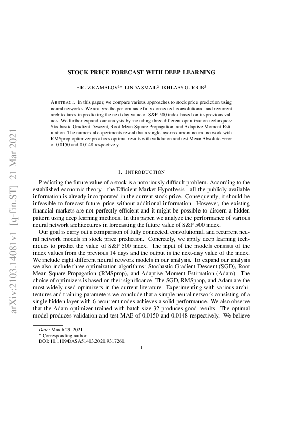 (PDF) Stock price forecast with deep learning