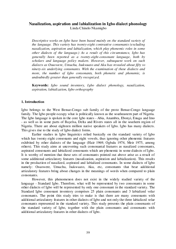 (PDF) Nasalization, aspiration and labialization in Igbo dialect phonology