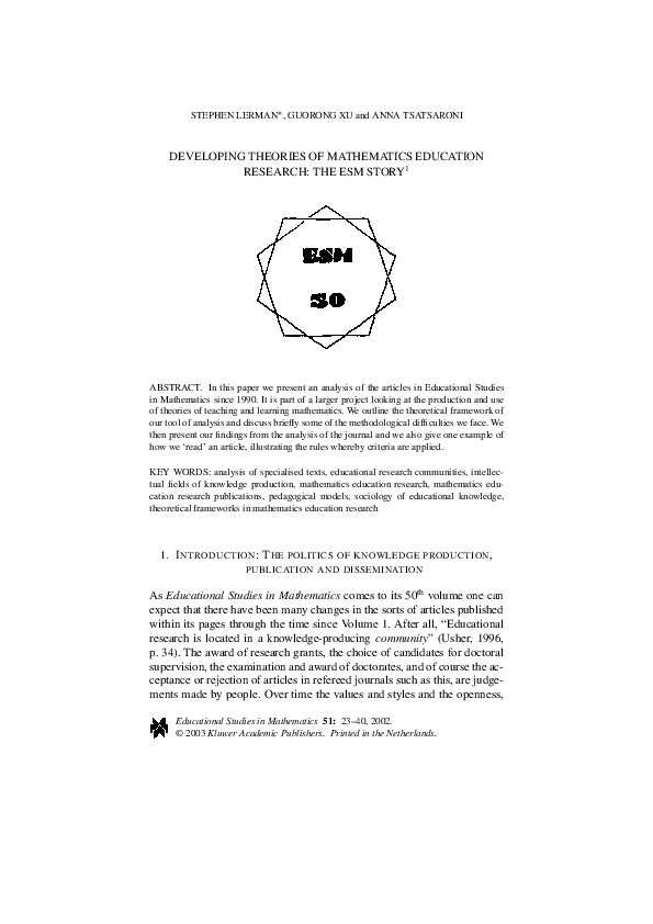 (PDF) Developing theories of mathematics education research: the ESM story