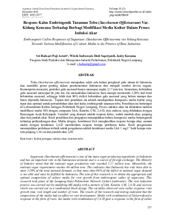 (PDF) Respons Kalus Embriogenik Tanaman Tebu (Saccharum Officinarum ...
