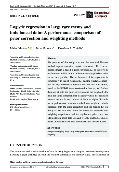 (PDF) Logistic regression in large rare events and imbalanced data: A performance comparison of ...