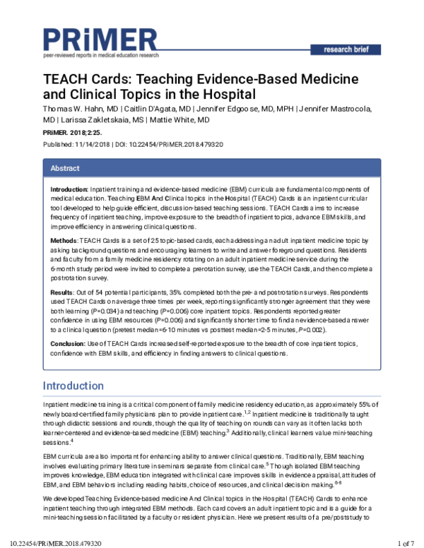 (PDF) TEACH Cards: Teaching Evidence-Based Medicine and Clinical Topics ...