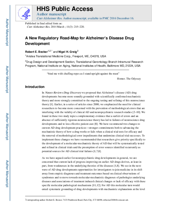 (PDF) A New Regulatory Road-Map for Alzheimer’s Disease Drug Development