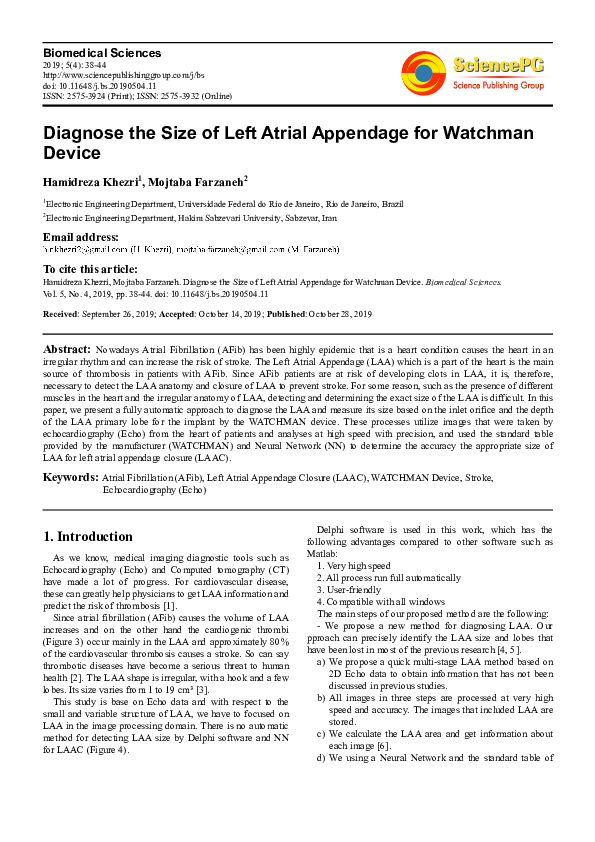 (PDF) Diagnose the Size of Left Atrial Appendage for Watchman Device