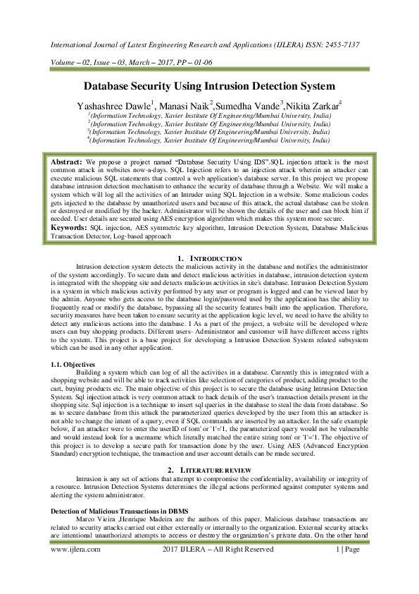 (PDF) Database Security using Intrusion Detection System