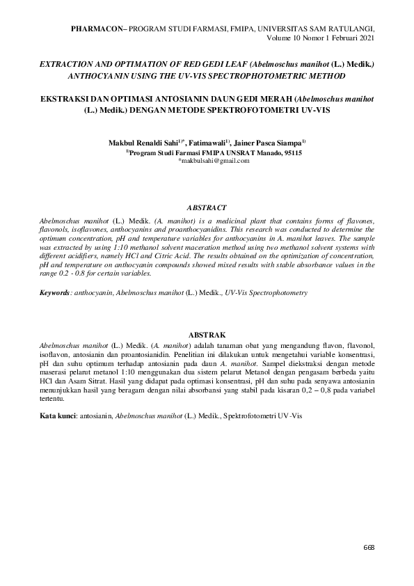 (PDF) EKSTRAKSI DAN OPTIMASI ANTOSIANIN DAUN GEDI MERAH (Abelmoschus ...