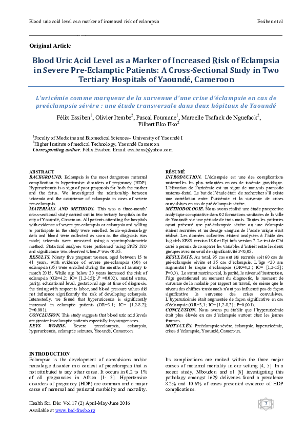 (PDF) Blood uric acid level as a marker of increased risk of eclampsia ...