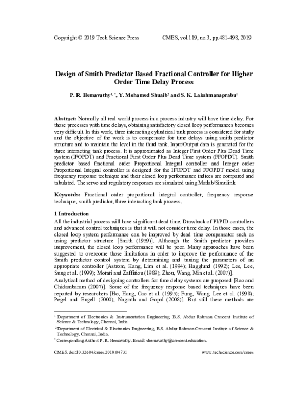 (PDF) An experimental comparative study of modified Smith Predictor based fractional order ...