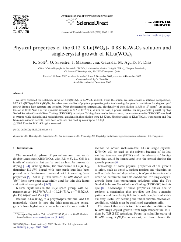 (PDF) Physical properties of the 0.12 KLu(WO4)2–0.88 K2W2O7 solution and single-crystal growth ...