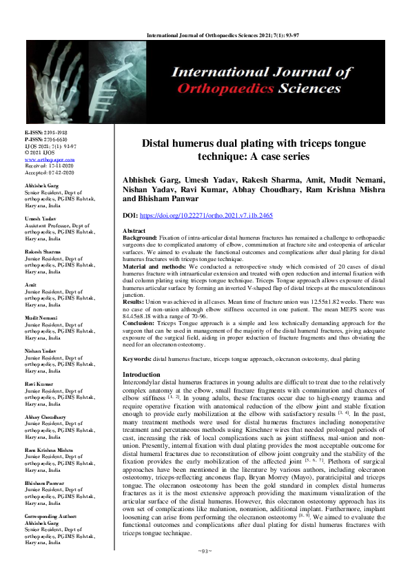 (PDF) Distal humerus dual plating with triceps tongue technique: A case ...