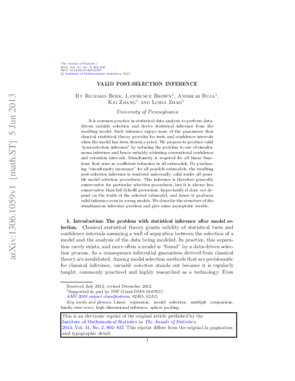 Pdf Valid Post Selection Inference