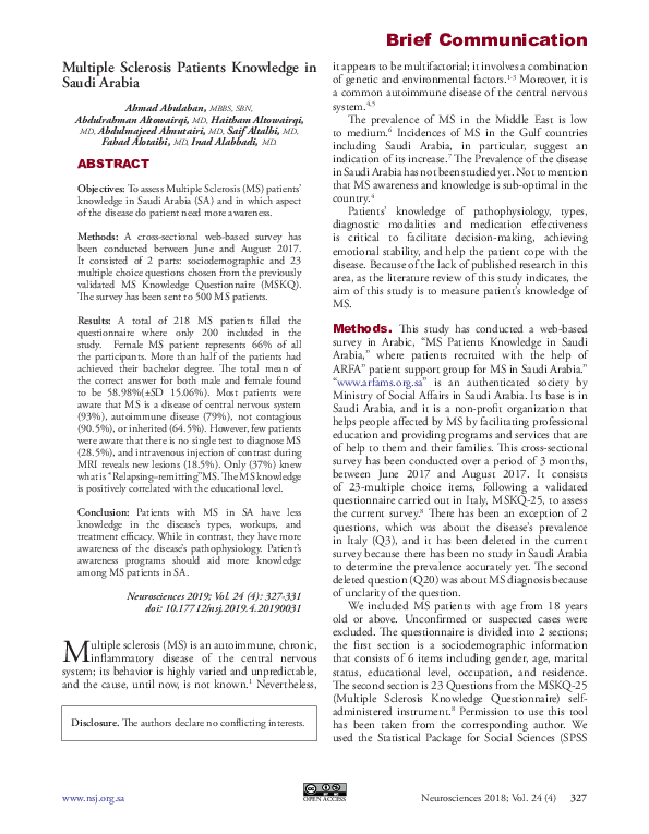 (PDF) Multiple Sclerosis Patients Knowledge in Saudi Arabia