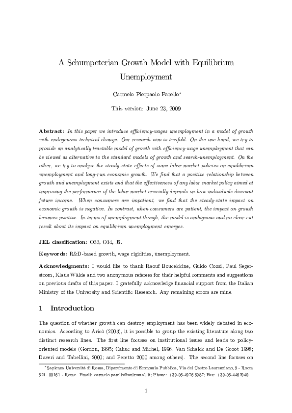 (PDF) A Schumpeterian Growth Model with Equilibrium Unemployment