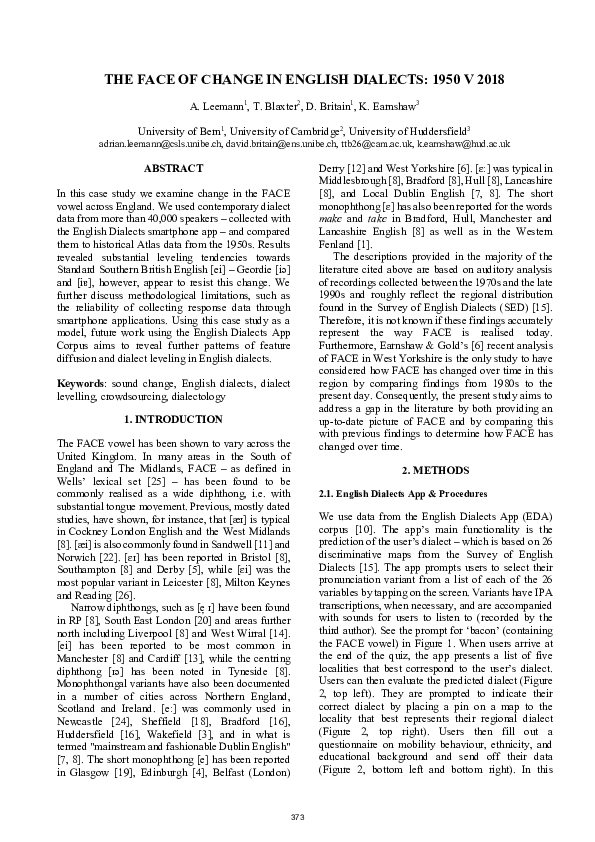 (PDF) The FACE of Change in English Dialects: 1950 v 2018