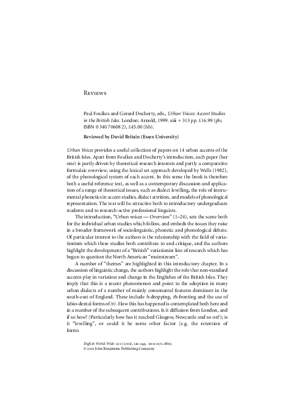 (PDF) Review of “Urban Voices: Accent Studies in the British Isles” by ...