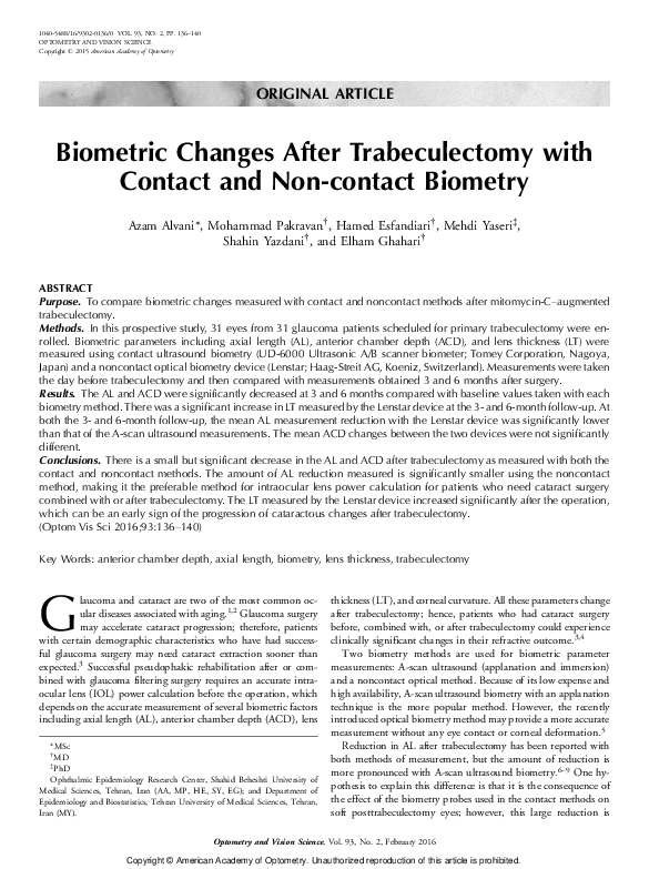 (PDF) Biometric Changes After Trabeculectomy with Contact and Non ...