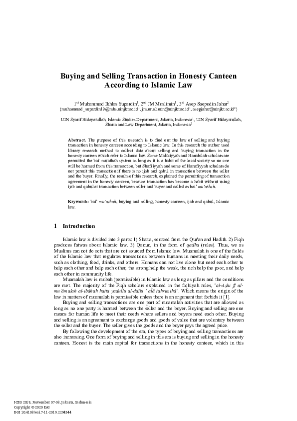 (PDF) Buying and Selling Transaction in Honesty Canteen According to ...