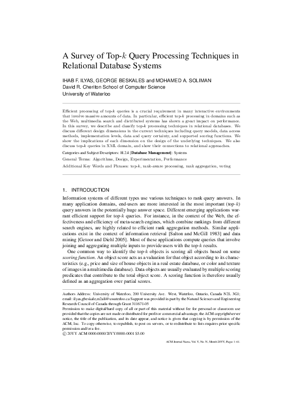 (PDF) A survey of top- k query processing techniques in relational database systems