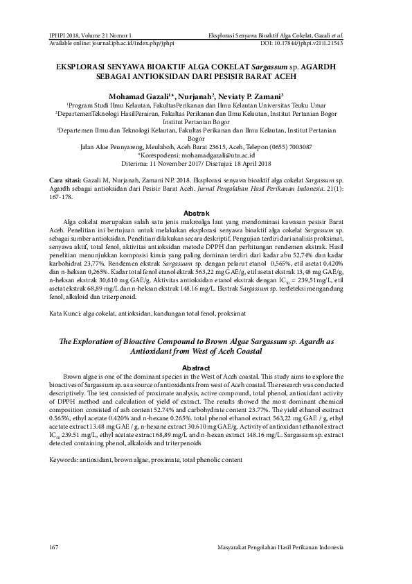 (PDF) The Exploration of Bioactive Compound to Brown Algae Sargassum sp . Agardh as Antioxidant ...