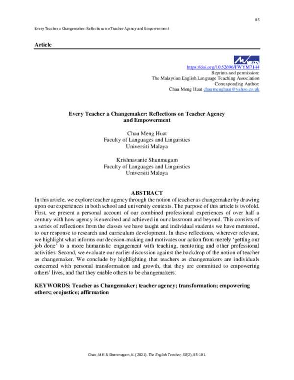 (PDF) Every Teacher a Changemaker: Reflections on Teacher Agency and ...