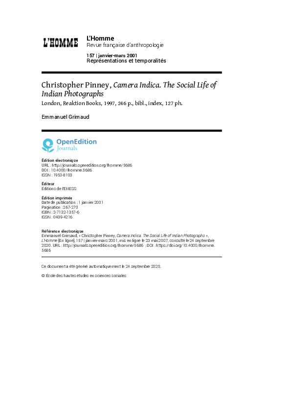 (PDF) Christopher Pinney, Camera Indica. The Social Life of Indian ...