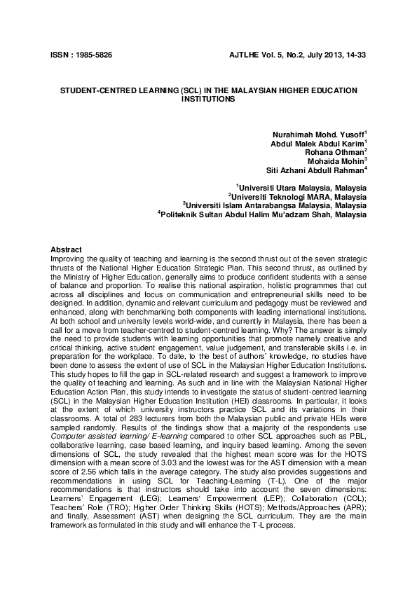 Pdf Student Centred Learning Scl In The Malaysian Higher Education