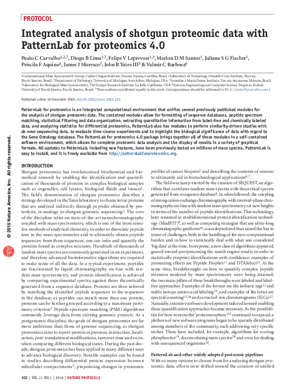 (PDF) Integrated analysis of shotgun proteomic data with PatternLab for proteomics 4.0 | Juliana ...