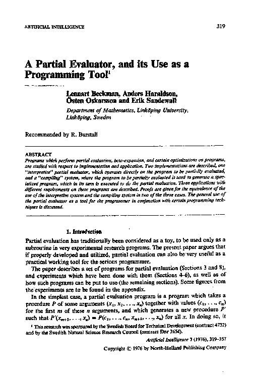 (PDF) A partial evaluator, and its use as a programming tool | Erik Sandewall - Academia.edu
