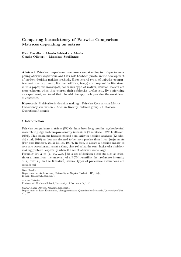 Pdf Comparing Inconsistency Of Pairwise Comparison Matrices Depending On Entries 